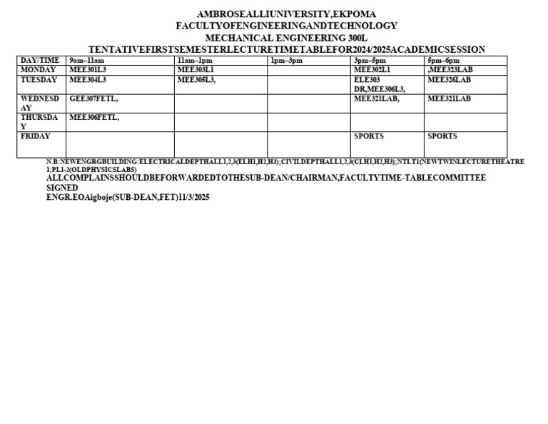 LECTURE TIME TABLE FIRST SEMESTER 2023 2024 SESSION | PDF