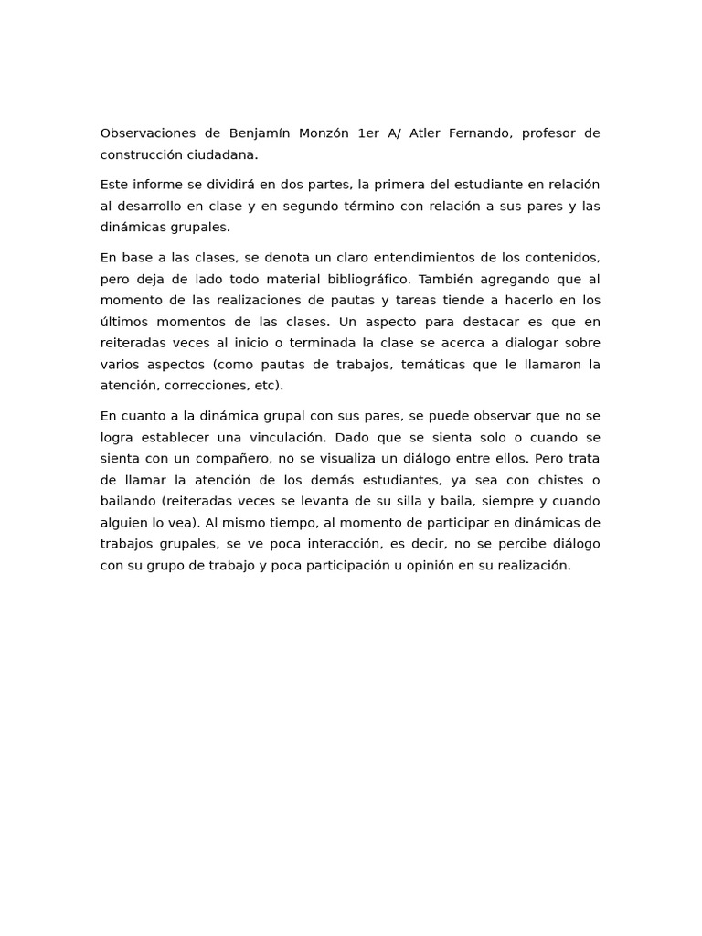Observaciones de Benjamín Monzón 1er A | PDF
