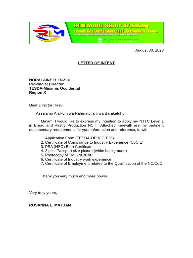 Letter of Intent For NTTC 2 | PDF
