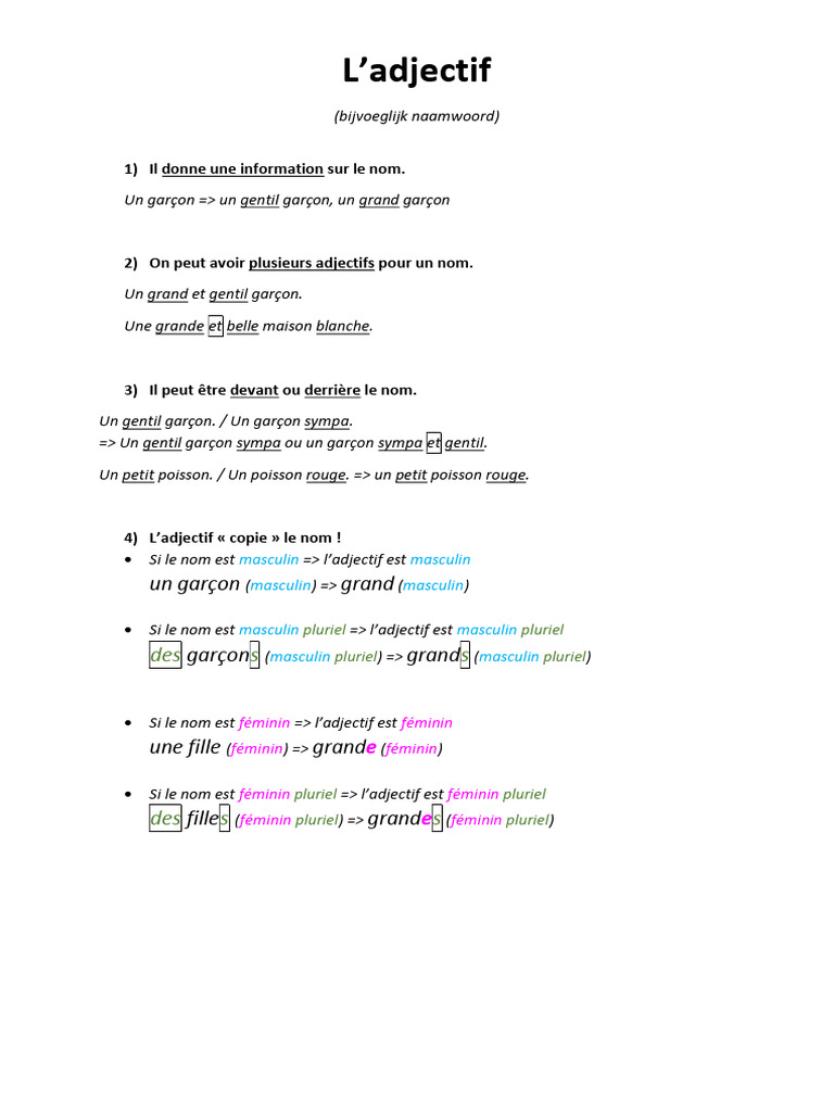 Lecon Adjectifs | PDF | Genre grammatical | Nombre grammatical