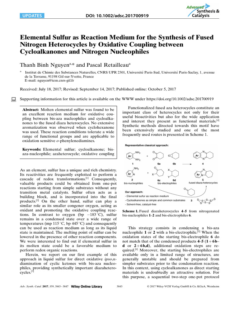 Elemental Sulfur As Reaction Medium For The Synthesis of Fused | PDF | Chemical Reactions | Redox