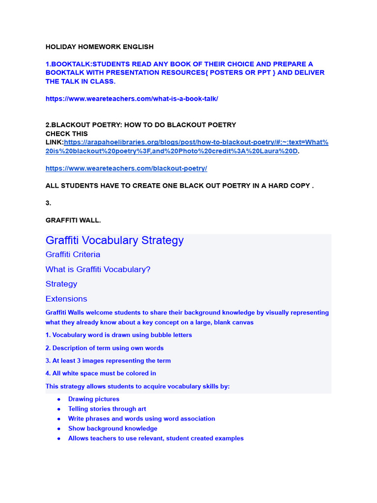 Holiday Homework English | PDF