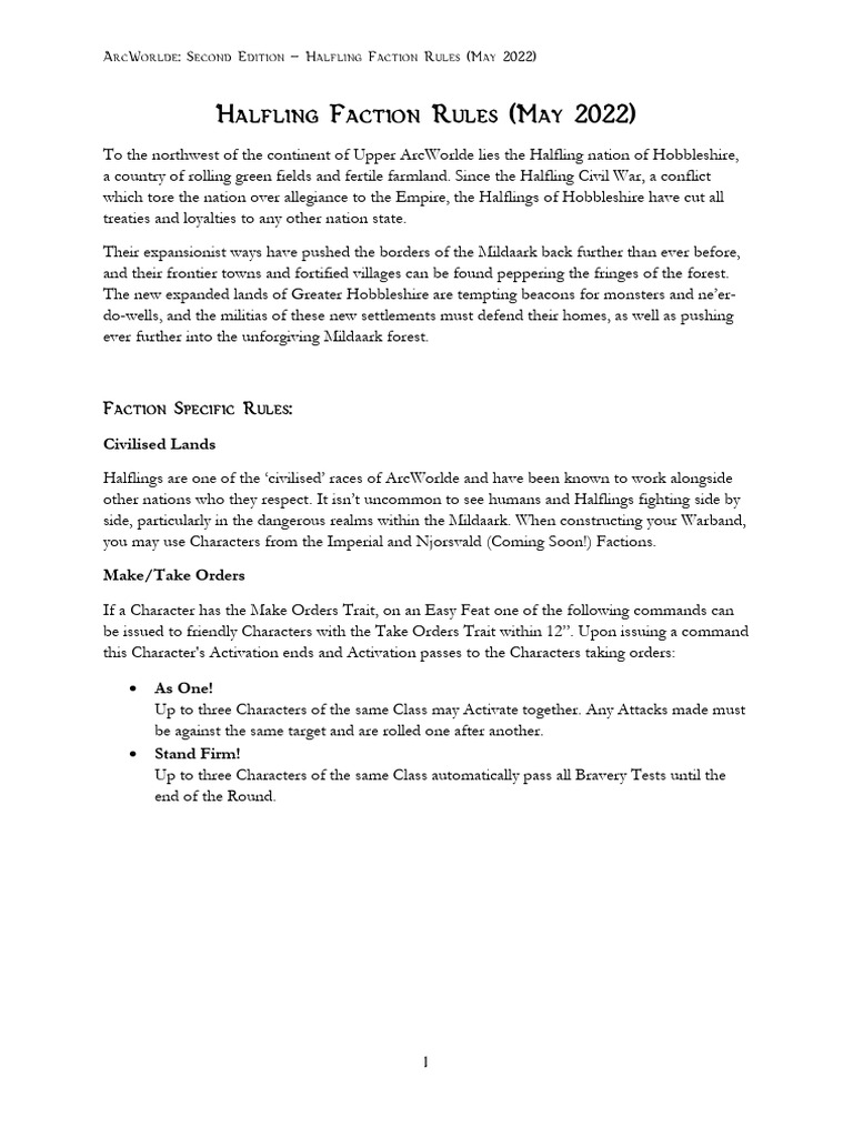 ArcWorlde_-_Halfling_Faction_Rules_May_2022 | PDF | Monsters | Foods