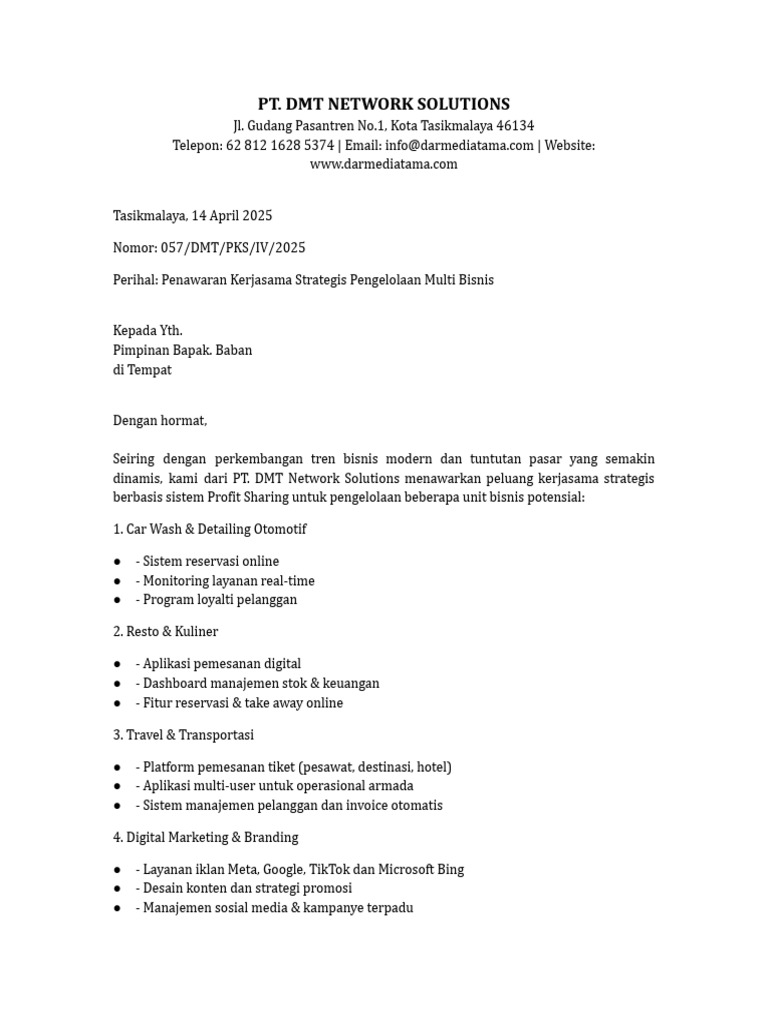 Surat Penawaran Kerjasama Multi Bisnis DMT | PDF