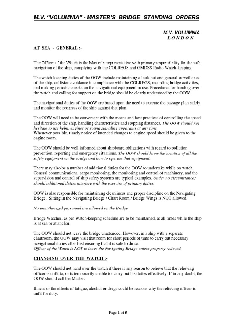 Master's Bridge Standing Orders - Volumnia | PDF | Navigation | Ships