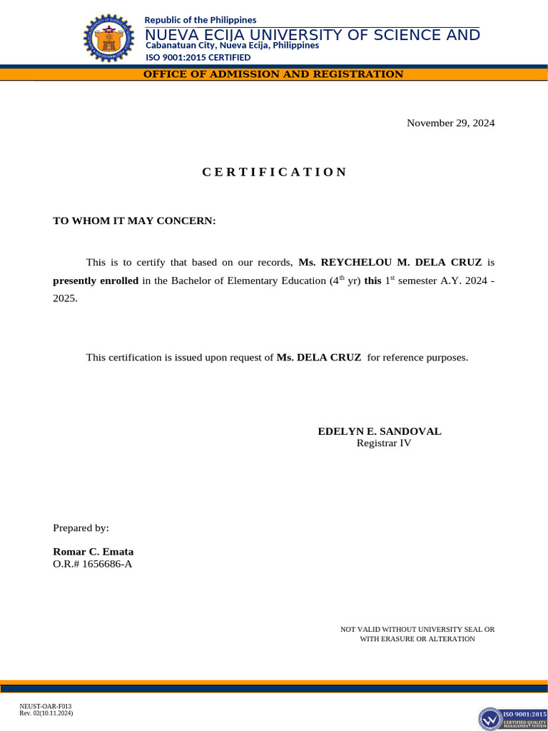 NEUST-OAR-F013-Rev 02 - CERTIFICATE OF ENROLLMENT | PDF