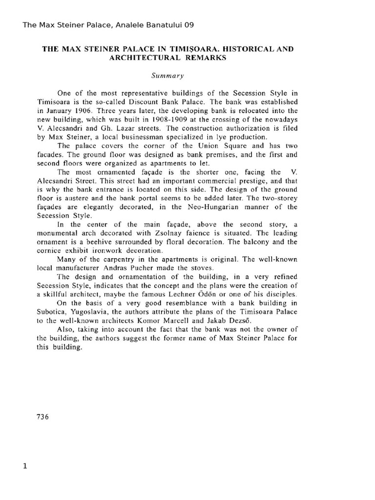 THE MAX STEINER PALACE, Analele Banatului (Text Complet) | PDF