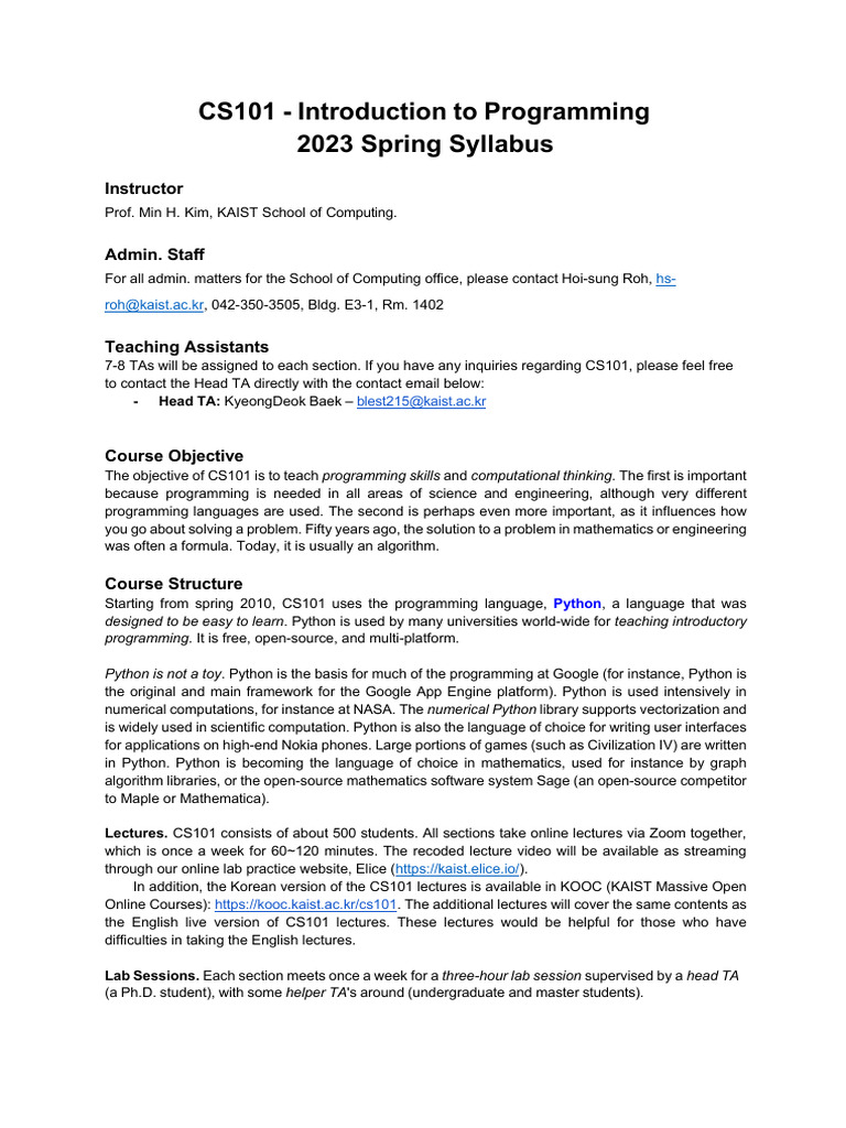 CS101 2023 Spring Syllabus | PDF | Computer Programming | Python (Programming Language)