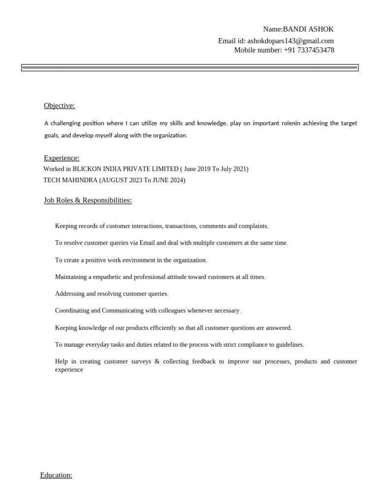 Ashok b resume (1) | PDF | Behavior Modification | Communication