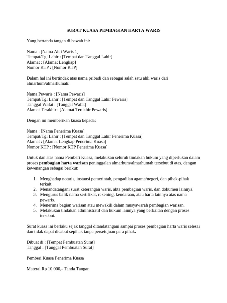 SURAT KUASA PEMBAGIAN HARTA WARIS | PDF
