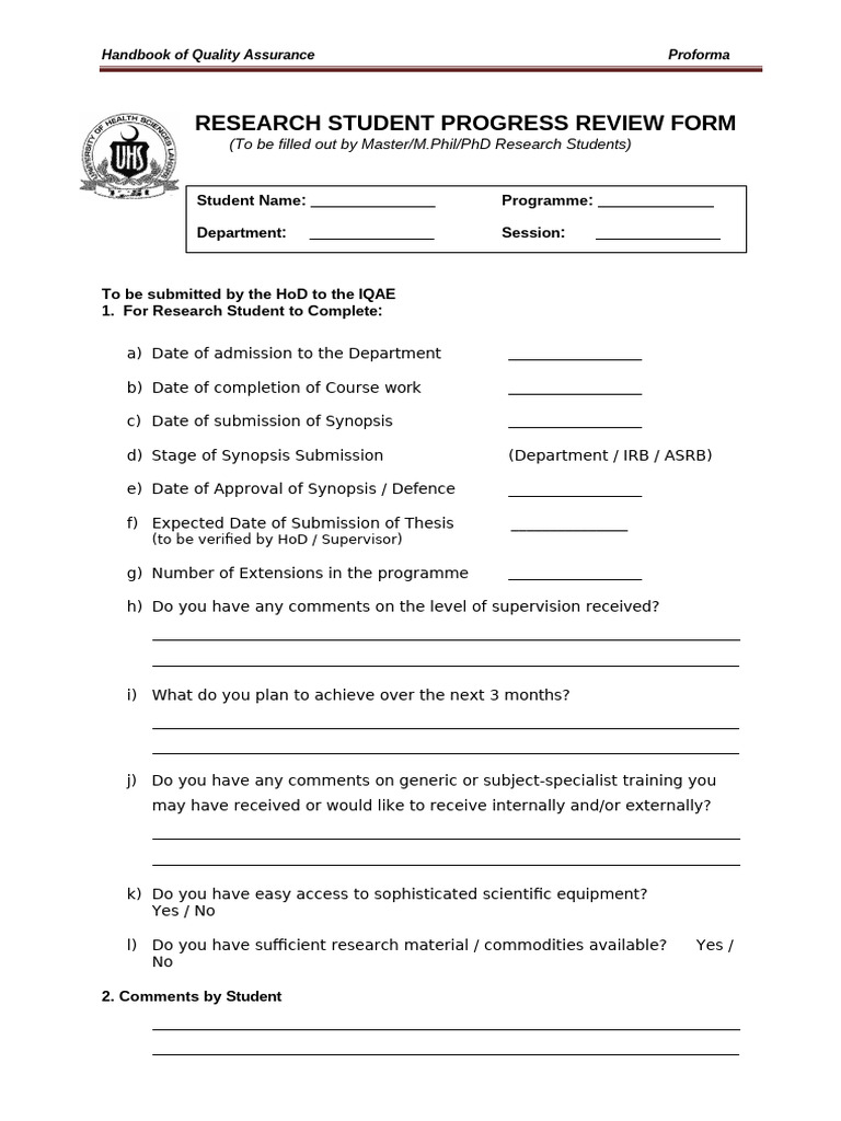 Proforma 4 Research Student Progress Review Form UHS | PDF