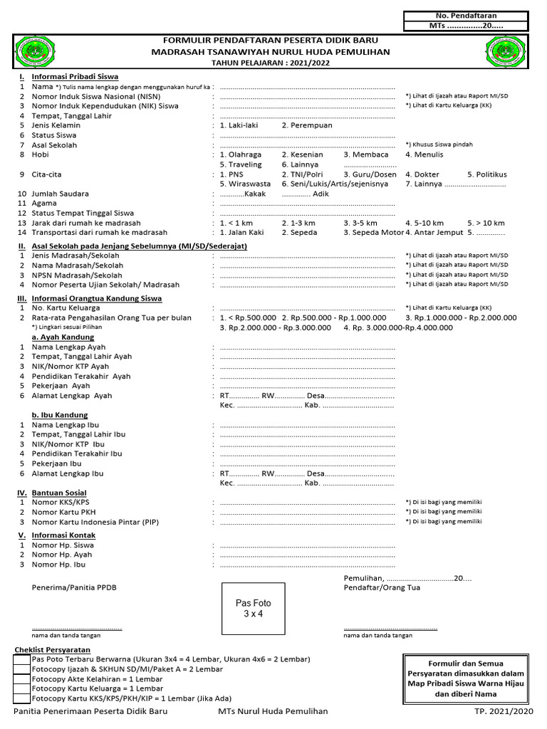 Formulir PPDB MTS 2021-2022 | PDF