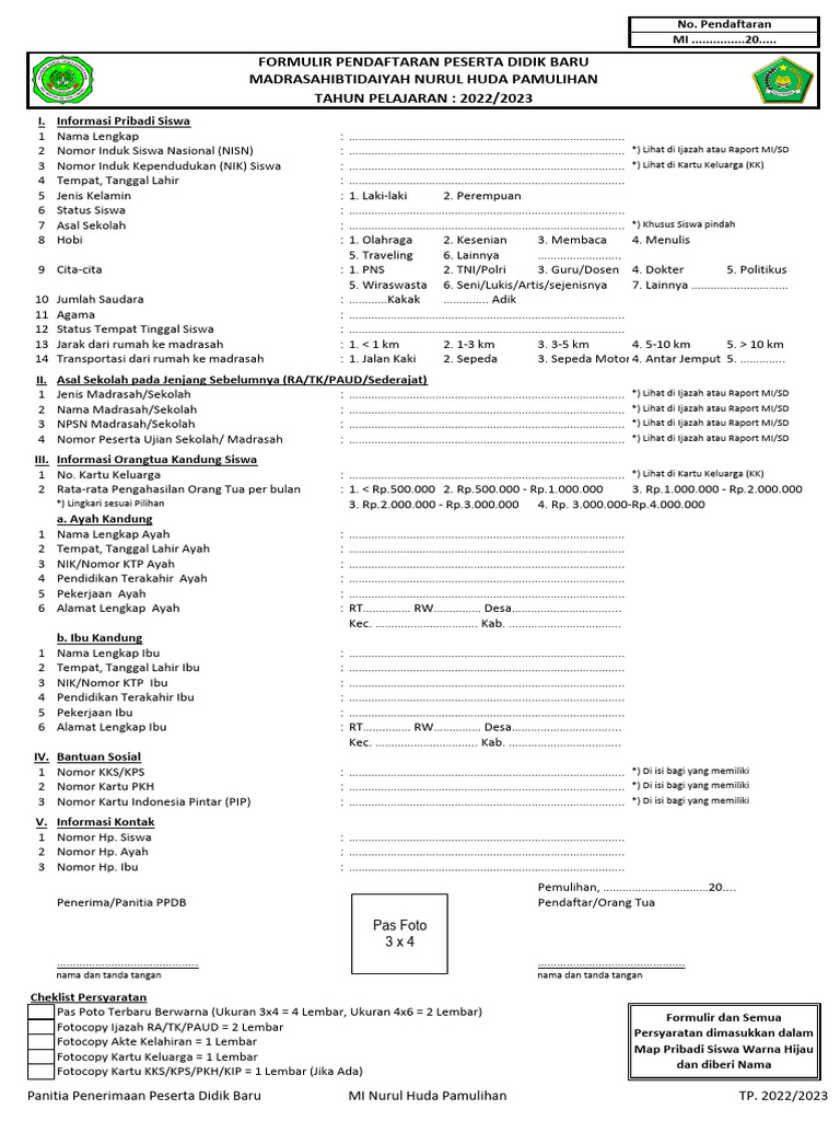 Formulir PPDB Mi 2022-2023 | PDF