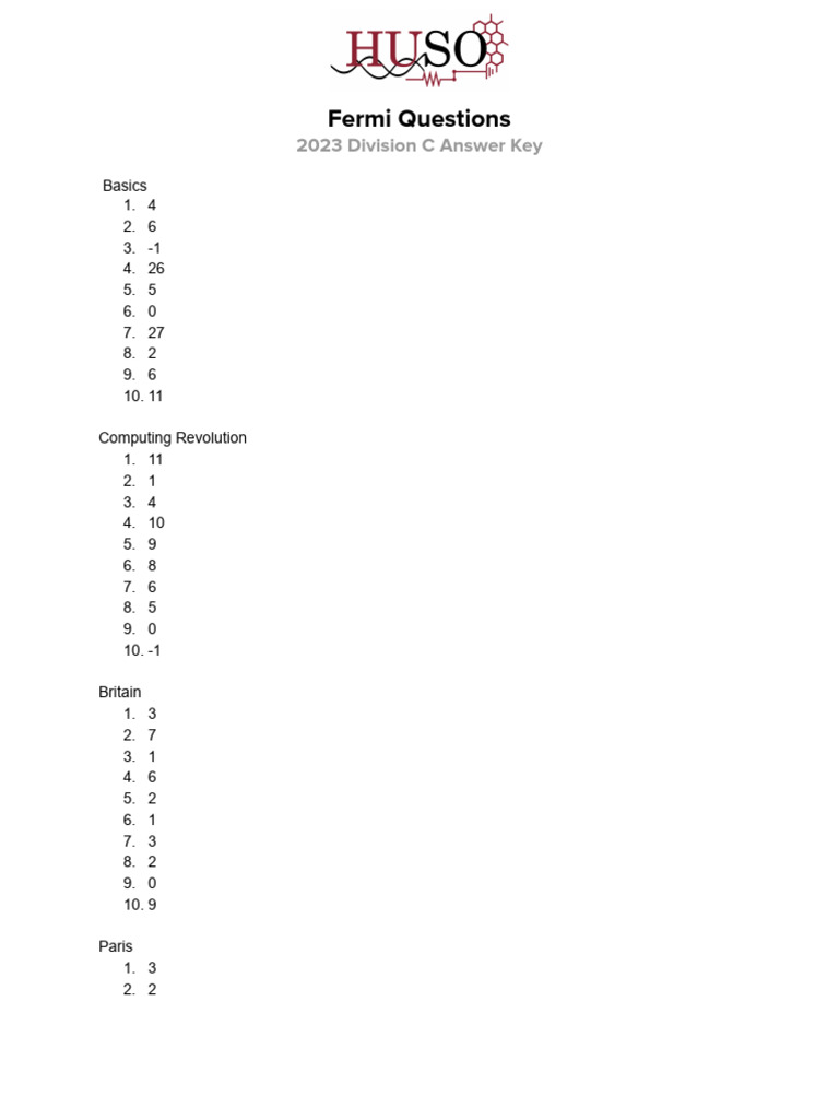 2023 Div C Fermi Questions Answer Key | PDF