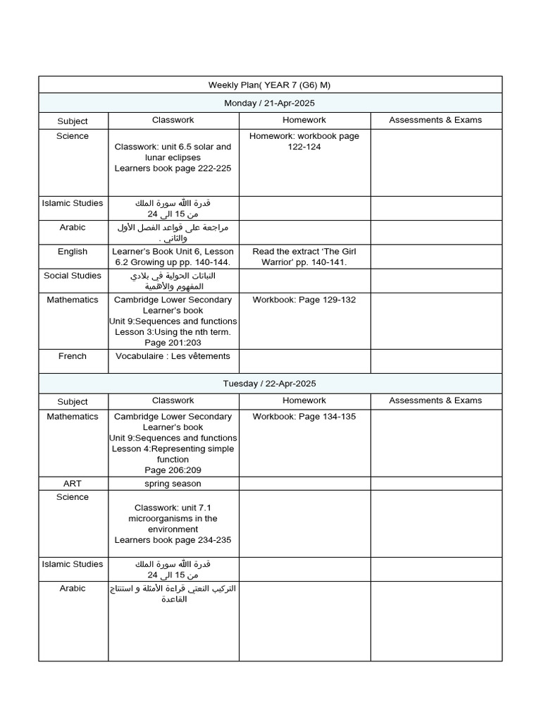 Weekly Plan Report (Year 7 M) | PDF