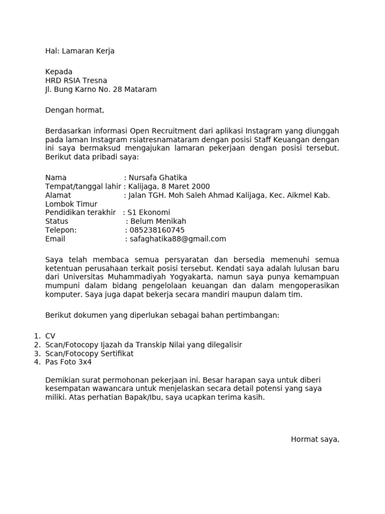 Lamaran Kerja Staff Keuangan RSIA Tresna | PDF