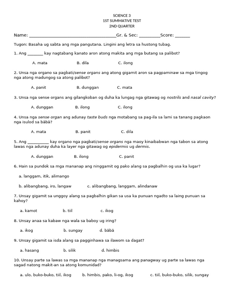 Science 3-q2-1st Summative Test | PDF
