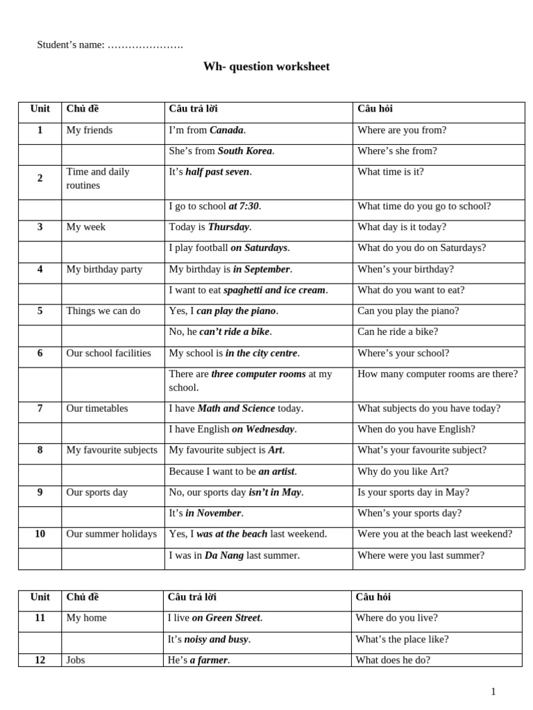 WH - Question Worksheet (Key) | PDF