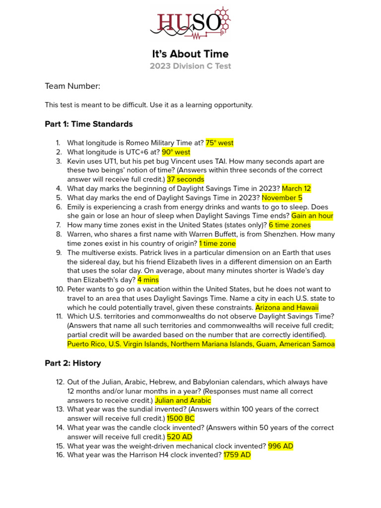 2023 Div C It - S About Time Answer Key | PDF | Clock | Time
