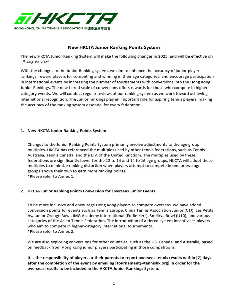 HKCTA Junior Ranking System Changes 2025 | PDF | Sports | Tennis ...