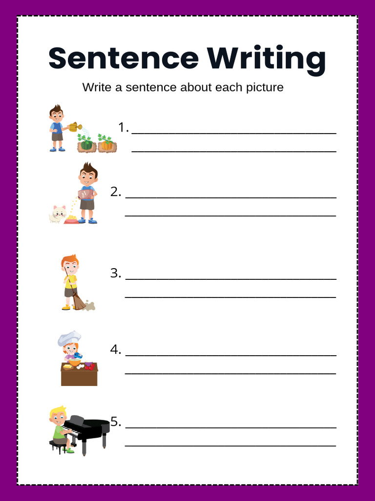 Sentence Writing Worksheet in Purple and White Illustrative Style | PDF