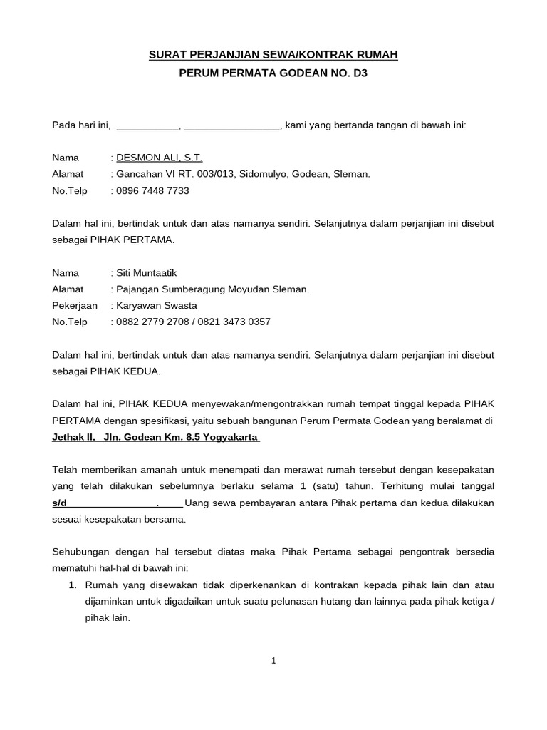 Surat Perjanjian Sewa Kontrak Rumah Pdf