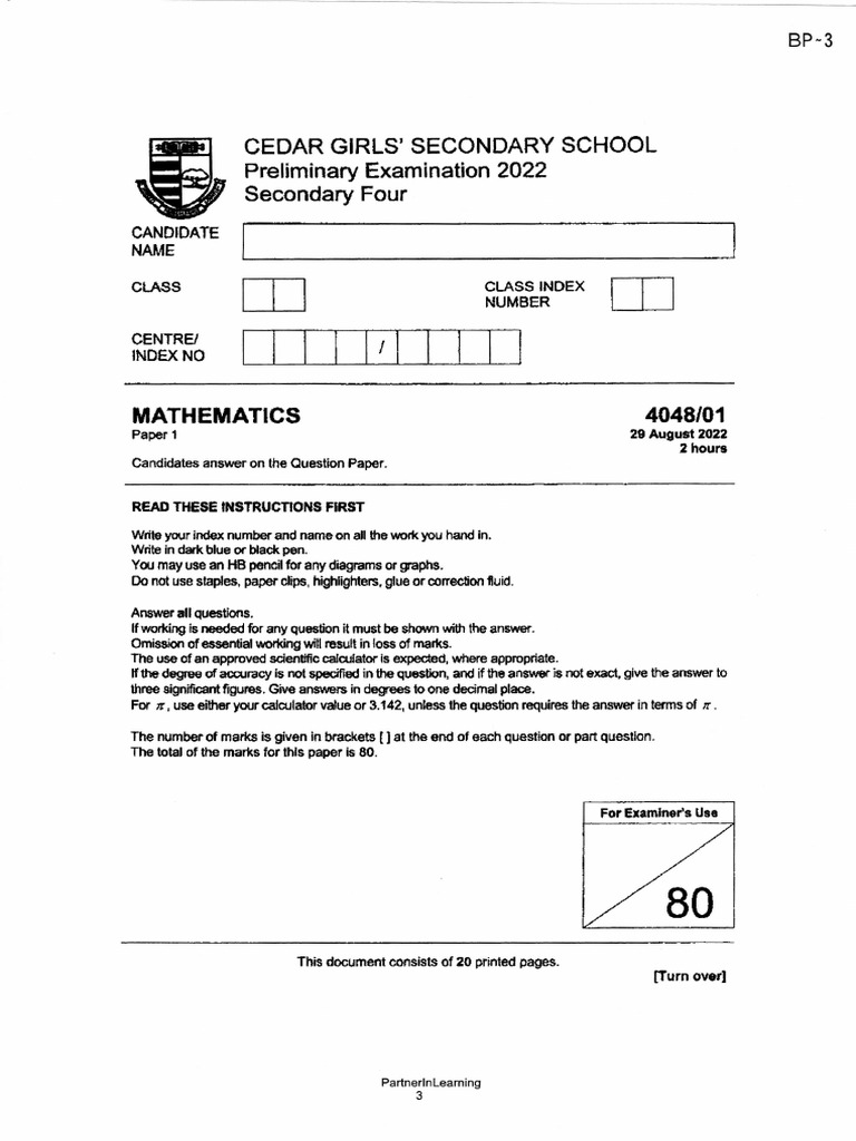 E-Math - Sec 4 - Prelims Exam Paper - 2022 - Cedar Girls' SCH | PDF