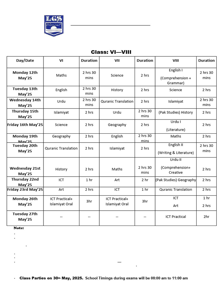 VI--VIII Final Examination Date Sheet Final May, 2025 | PDF