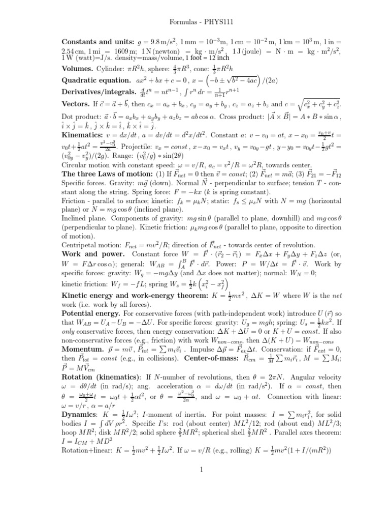Essential Formulas for PHYS111 | PDF | Force | Rotation