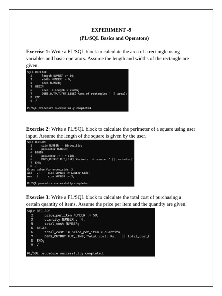 EXPERIMENT 9(Basic Plsql Operators)[1] | PDF