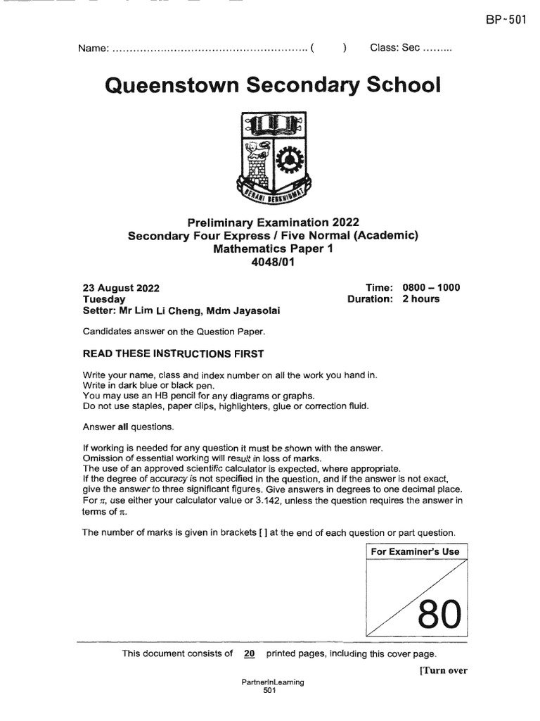 E-Math - Sec 4 - Prelims Exam Paper - 2022 - Queenstown Sec | PDF ...