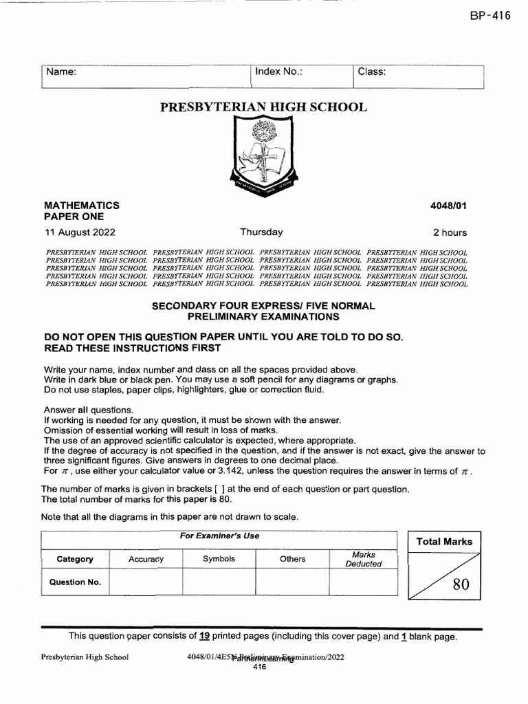 E-Math - Sec 4 - Prelims Exam Paper - 2022 - Presbyterian High | PDF ...
