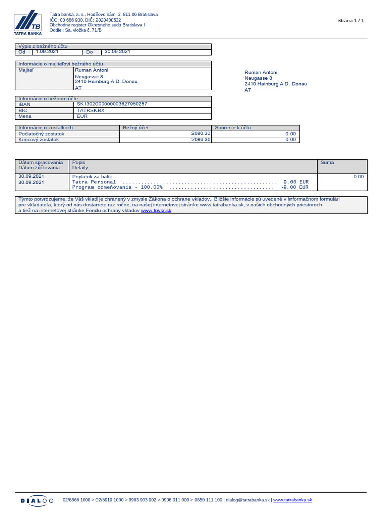Tatra Banka Bank Statement | PDF