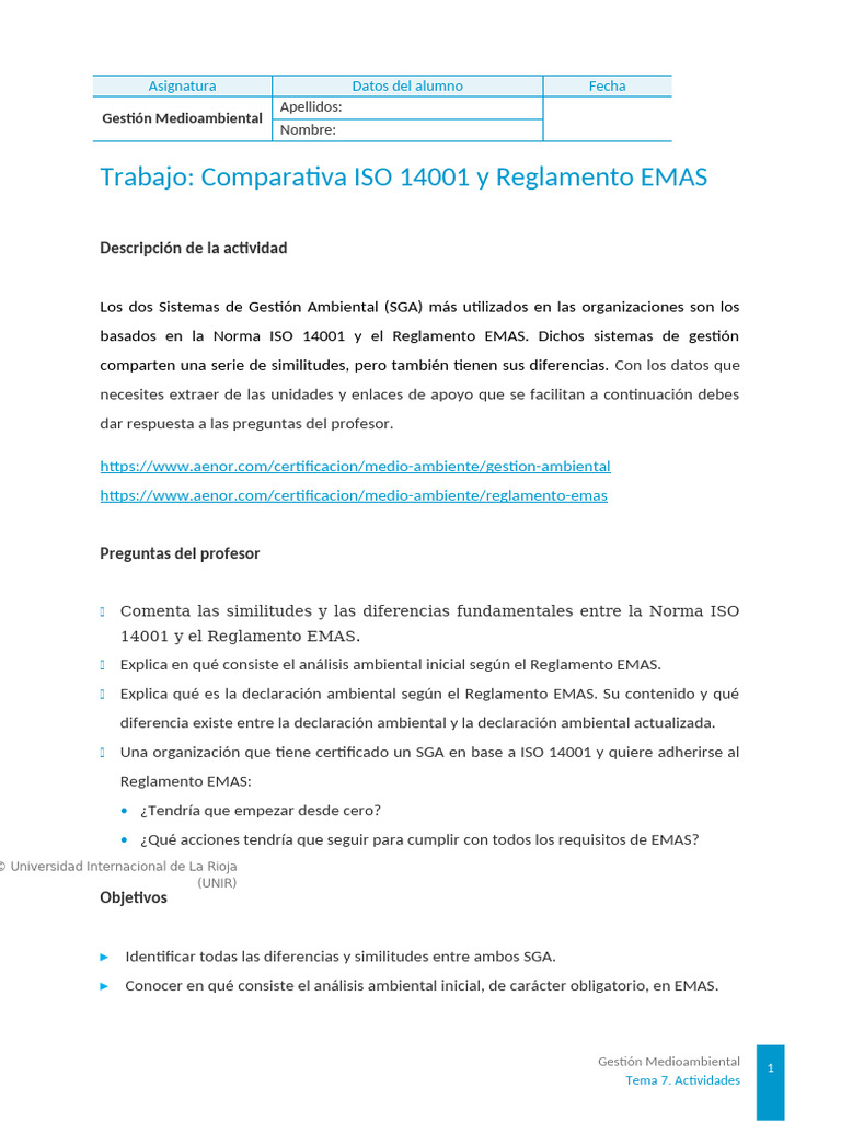 Gaeo02 - Act1 Comparativa ISO 14001 y Reglamento EMAS | PDF | Entorno natural | Regulación