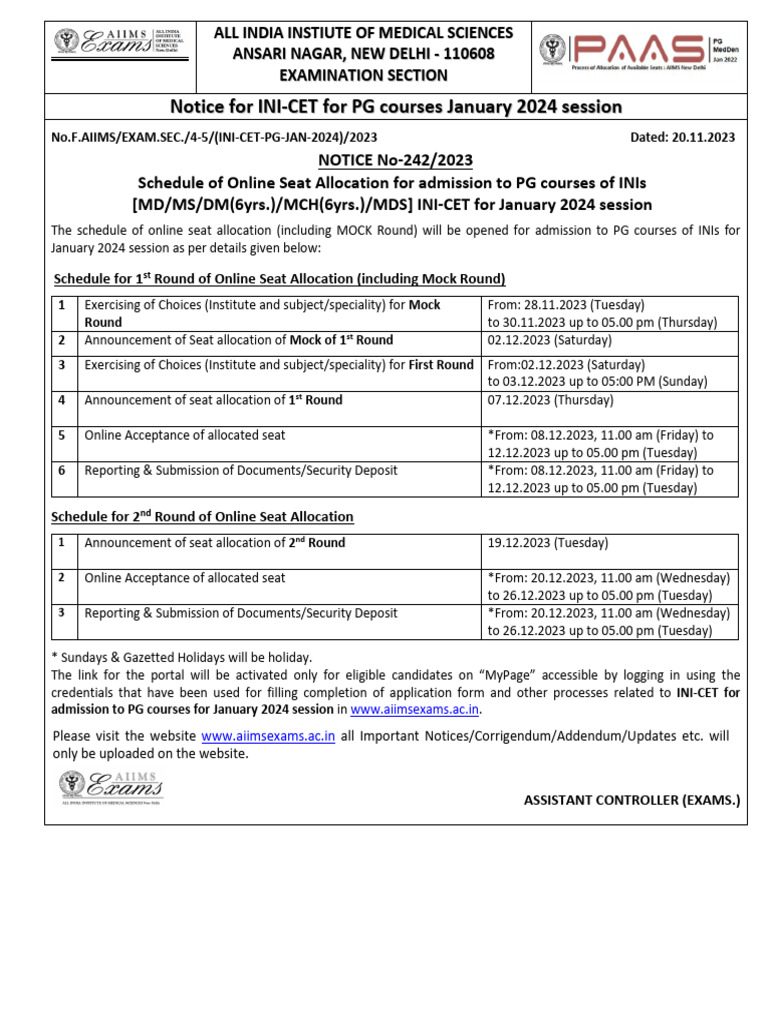 INI-CET January 2024 Counselling Schedule | PDF | Doctor Of Medicine ...