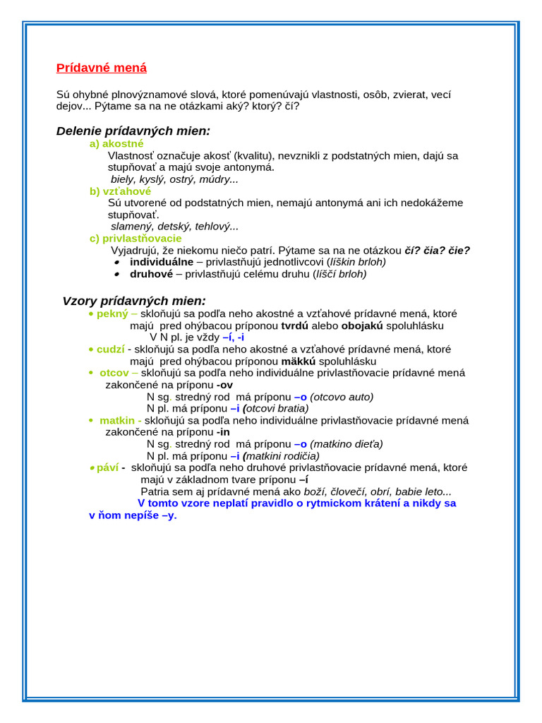 Prídavné Mená - Poznámky | PDF