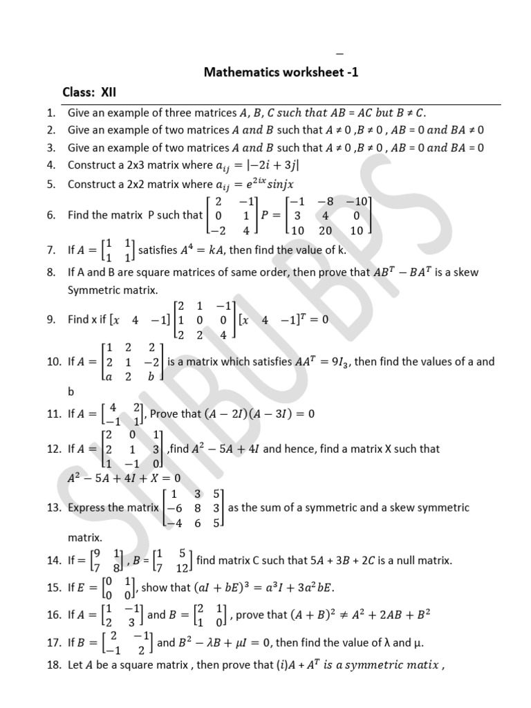 Worksheet - 1 - Ch 1 - Matrices - Part 1 - Xii Math - Ay 2025 -26 | PDF | Matrix (Mathematics ...