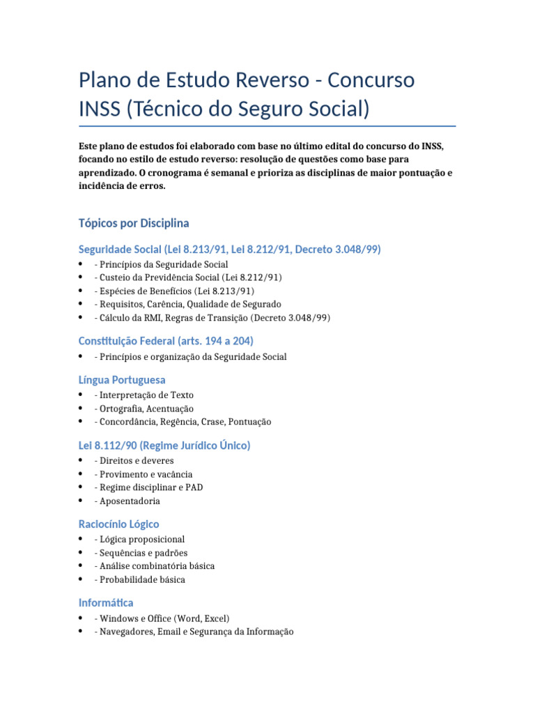 Plano de Estudo Reverso INSS 2023 | PDF