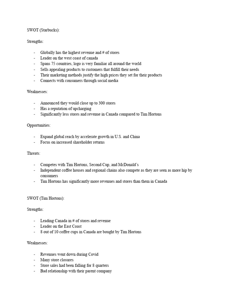 Starbucks vs. Tim Hortons SWOT Analysis | PDF