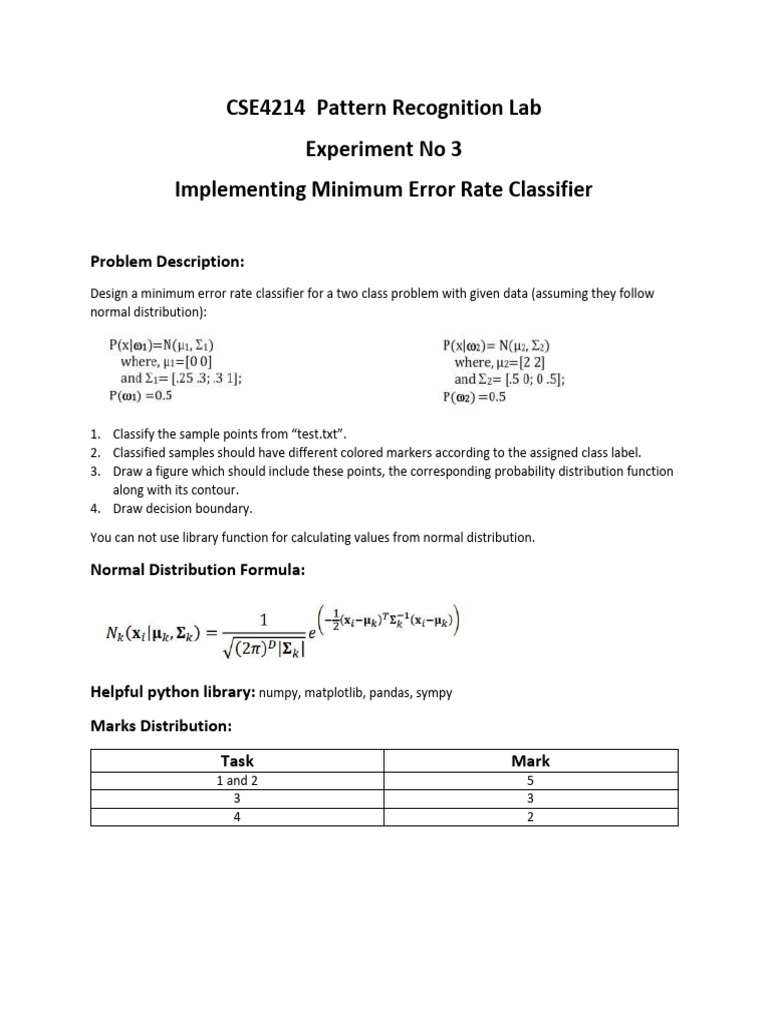 Minimum Error Rate Classifier Assignment | PDF