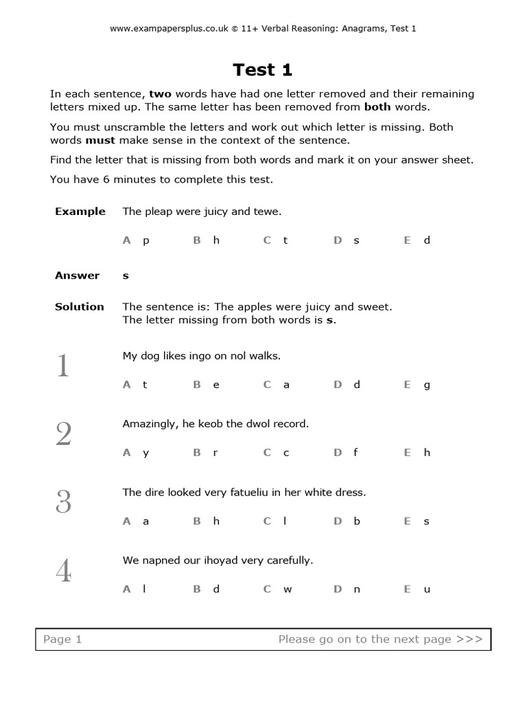 11+ Anagrams Test Instructions | PDF