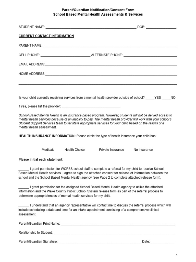 School Mental Health Consent Form | PDF | Mental Health | Health Care