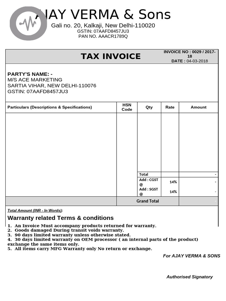 Tax Invoice for M/S Ace Marketing | PDF