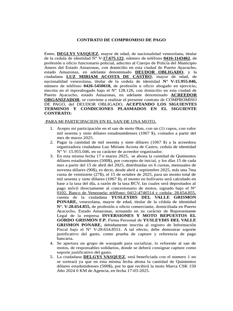 Formato Acta de Compromiso de Pago Sam Moto Policia | PDF | Pagos | Venezuela
