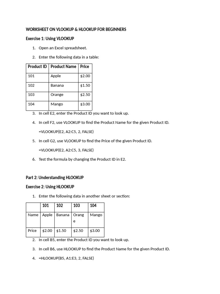 WORKSHEET ON VLOOKUP | PDF
