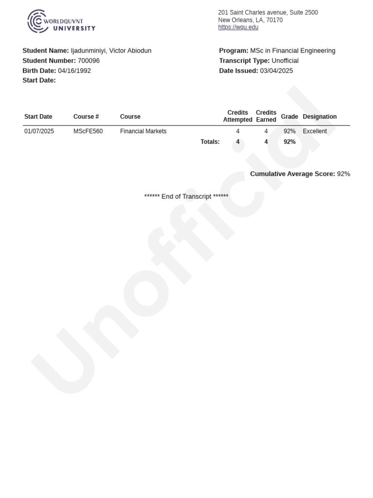 Victor Abiodun Ijadunminiyi - Unofficial Transcripts - Mar 4, 2025 | PDF | Course Credit ...