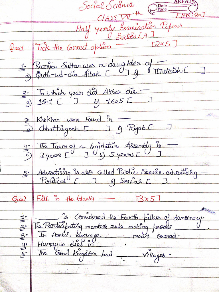 JS School Half Yearly Paper Class 7 SST | PDF