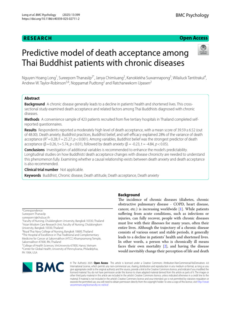 Predictive Model of Death Acceptance Among Thai Buddhist Patients With ...