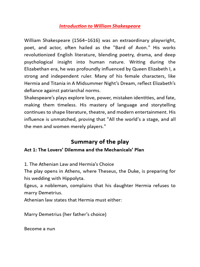 Introduction To William Shakespeare | PDF | A Midsummer Night's Dream
