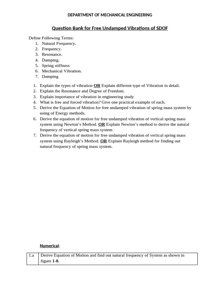 Free Undamped Vibrations Question Bank | PDF